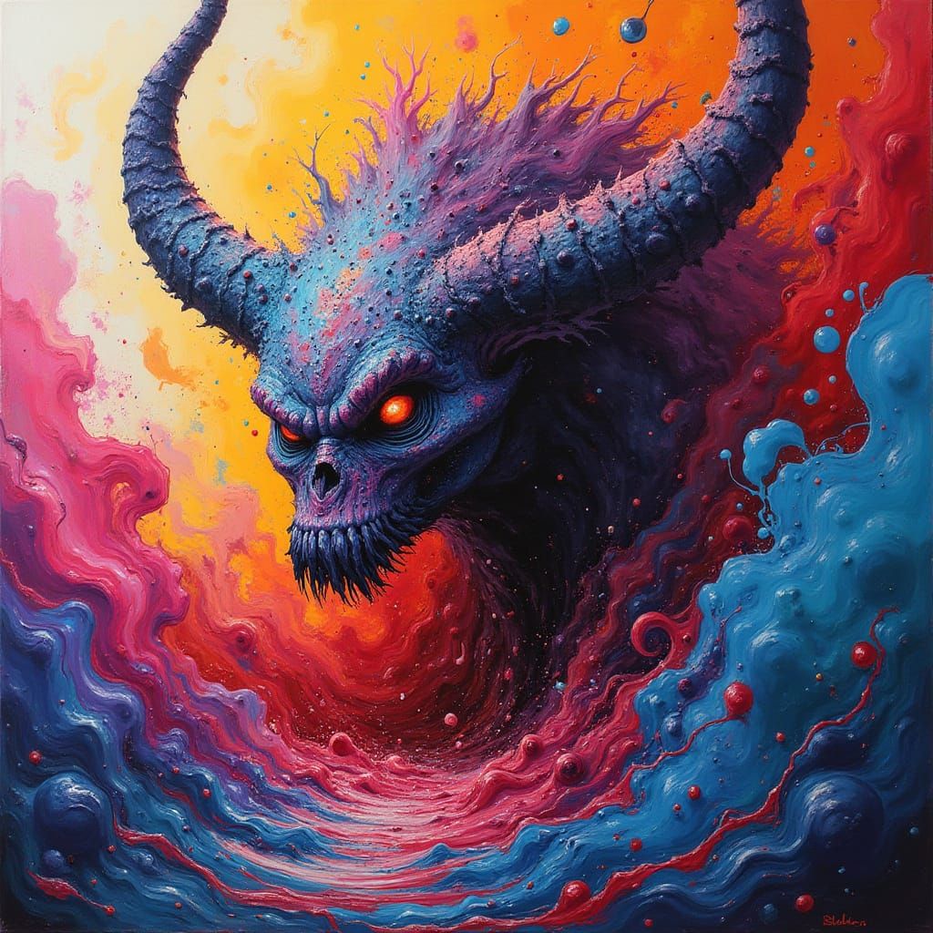demon - Psychedelic Demon Erupts from Vortex in Vibrant Gra...