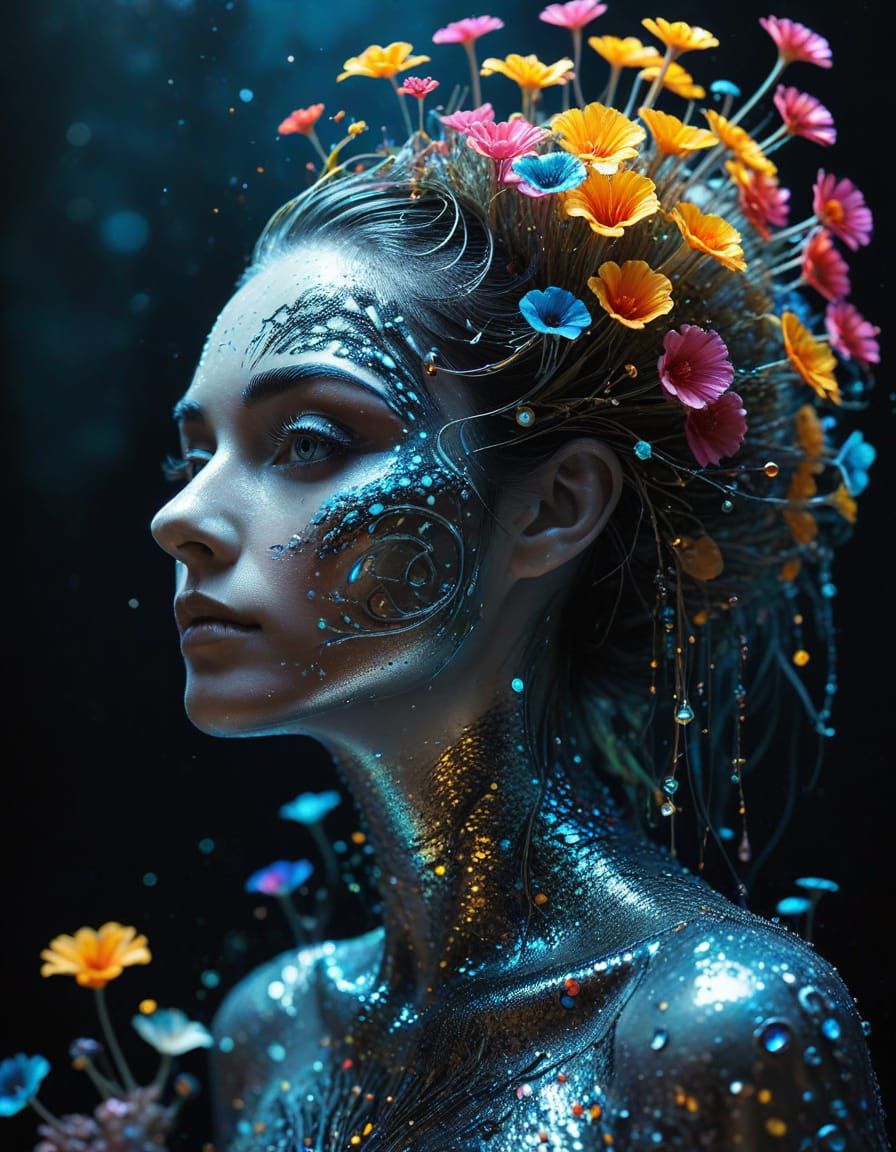 Flora Mystique - Whimsical Moonlit Oasis in Splattered Colo...