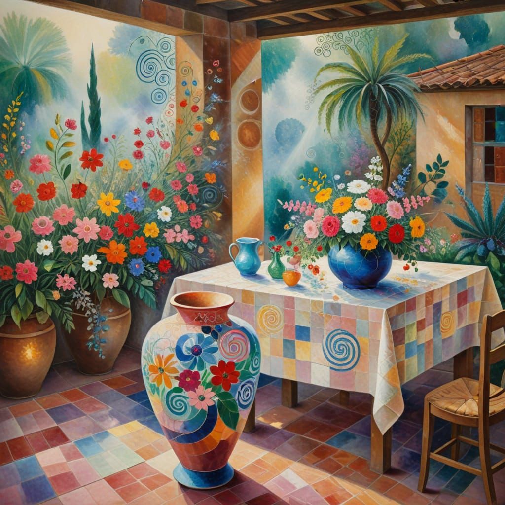 Flowers in a vase under a patio, Paul Klee and Marc Chagall