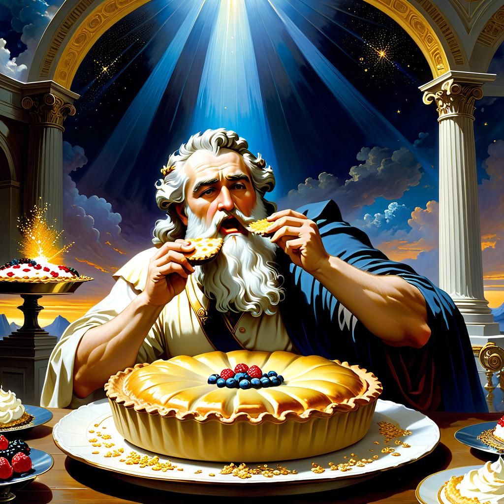 Zeus eating a beautifully decorated pie with golden flakes, beautifully ...