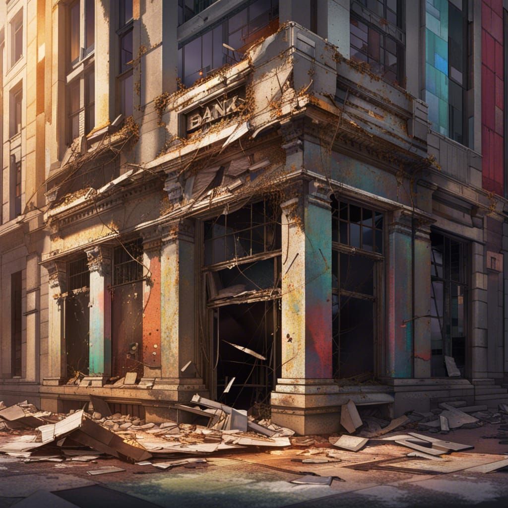 Abandoned damaged 1930s bank Building with broken windows and deserted ...
