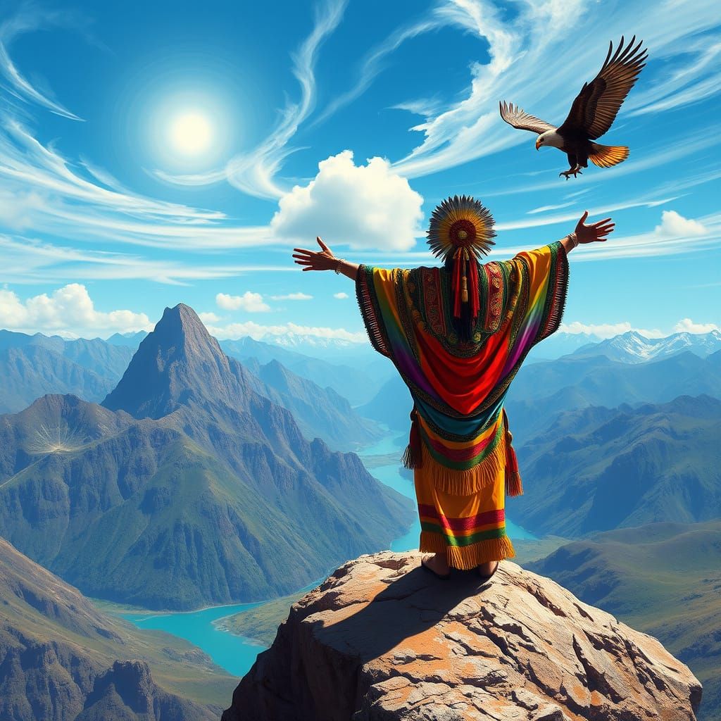 Inca Priest in Rainbow Robe and Headdress on Mount... - AI Art