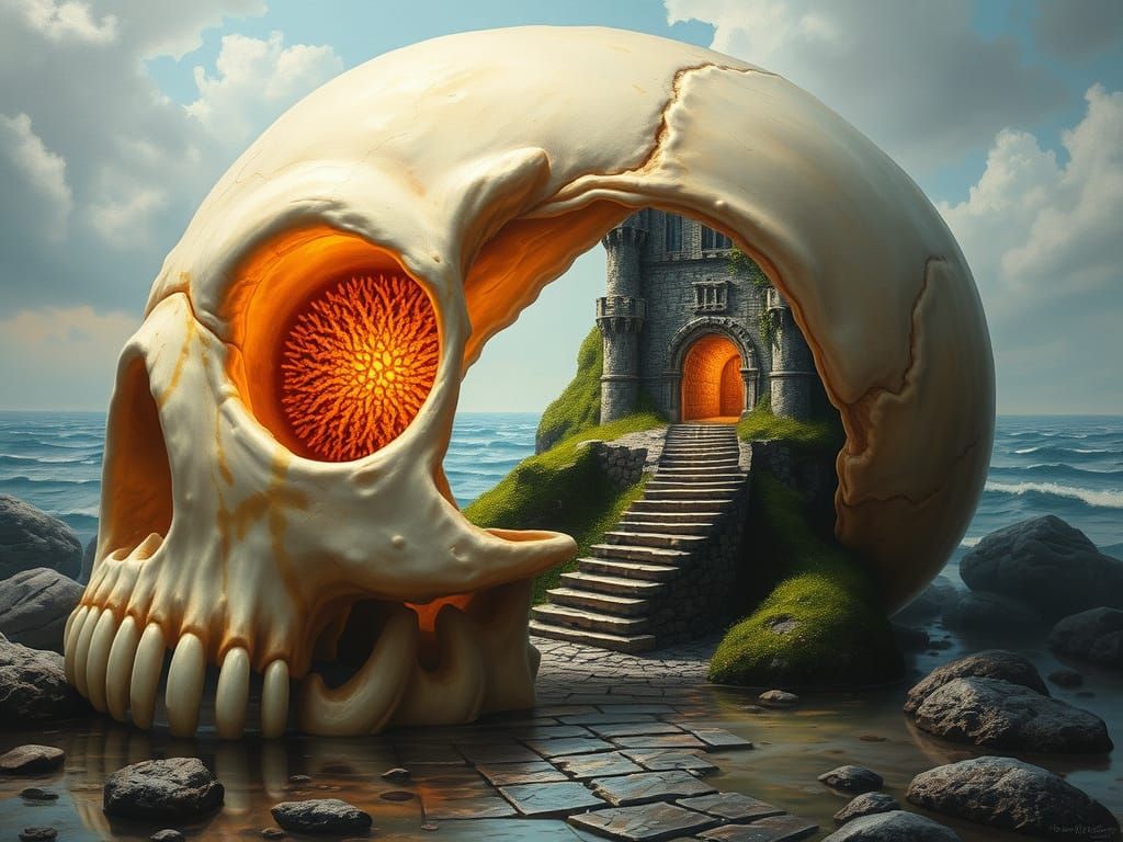 Glowing Skull on Seashore with Mystical Cavern - AI Art