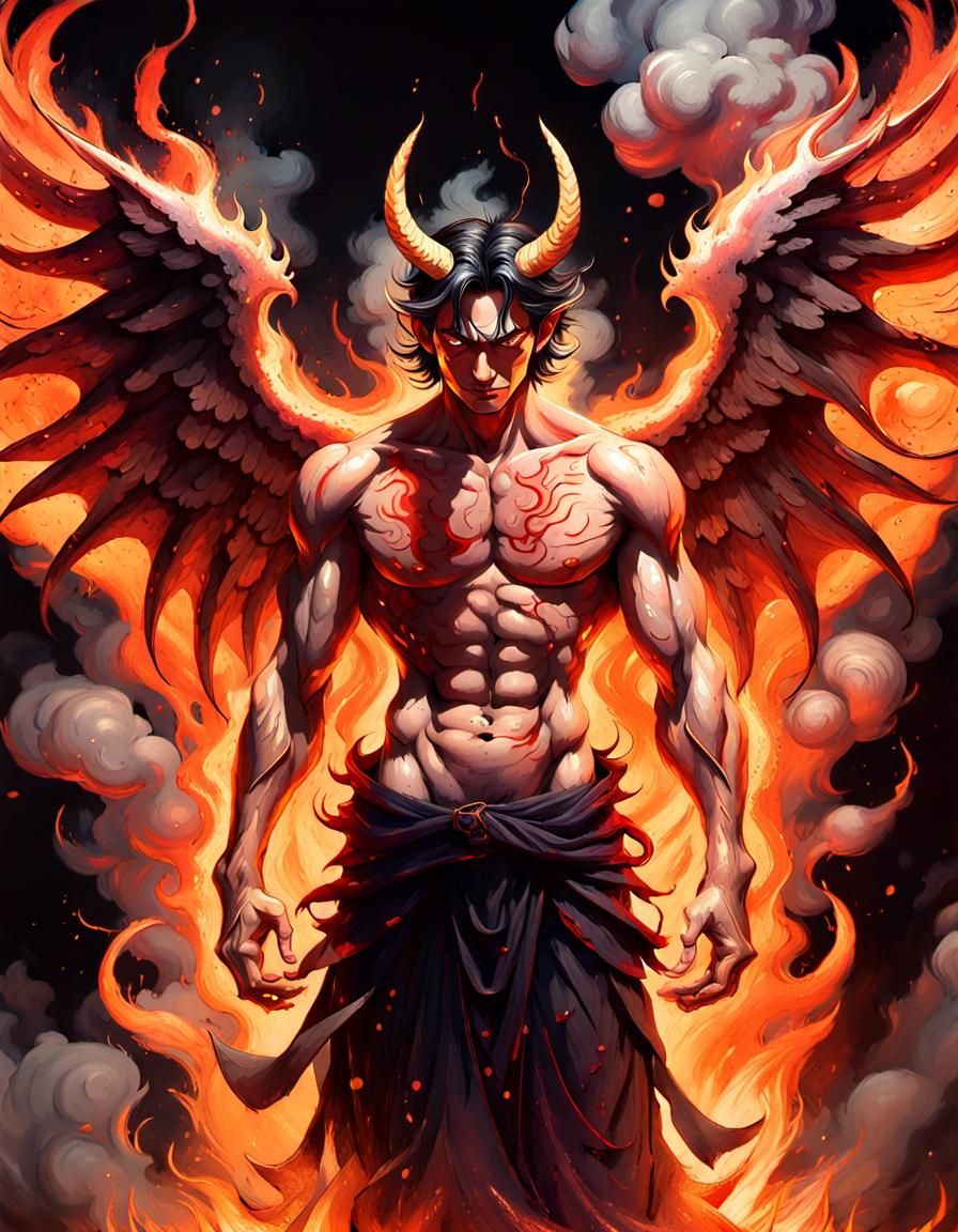 Lucifer with wings spread emerging from smoke and flames in hell ...