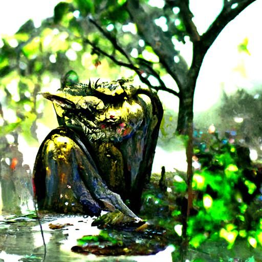 Goblin female sitting under a tree watching the rain fall - AI ...