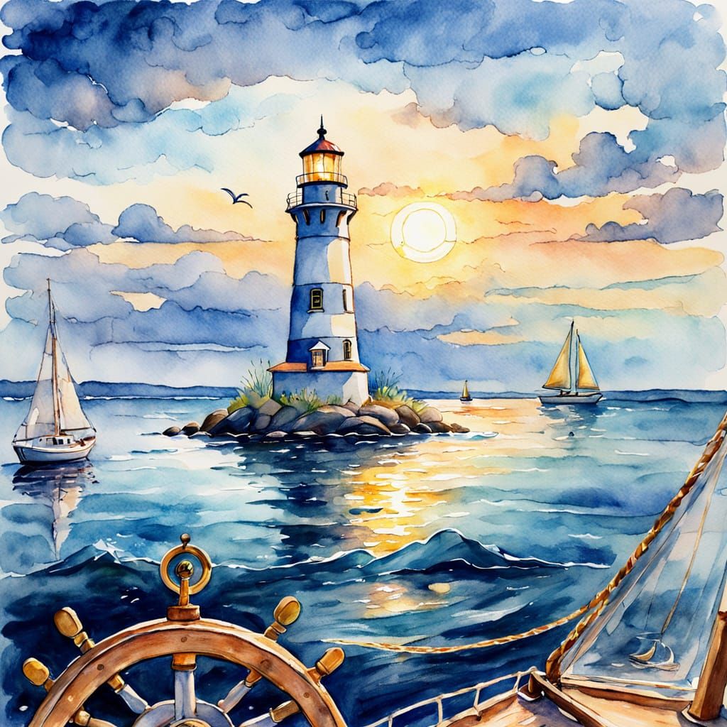 Surreal Watercolor Lighthouse Scene with Soft Brus... - AI Art