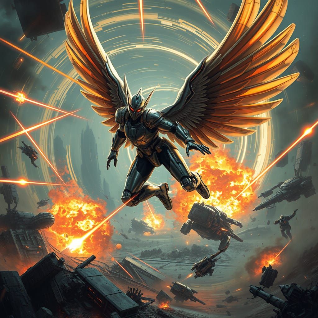 Cyberpunk Angel Engages in Epic Sci-Fi Battle - AI Art