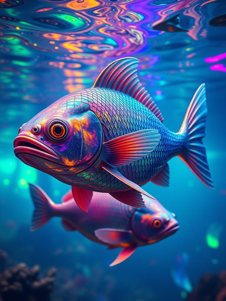 Humanoid Fish in Bioluminescent Underwater World - AI Art