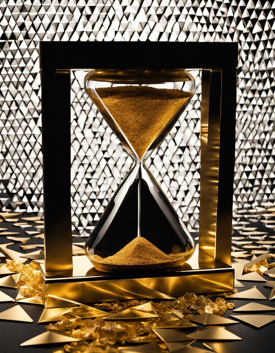 A gold hourglass made of crystal glass triangles, black background - AI ...