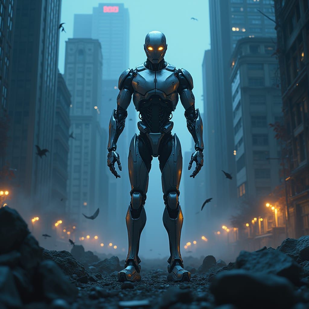 Sleek, Metallic Hero Rises from the Ashes of a Dys... - AI Art