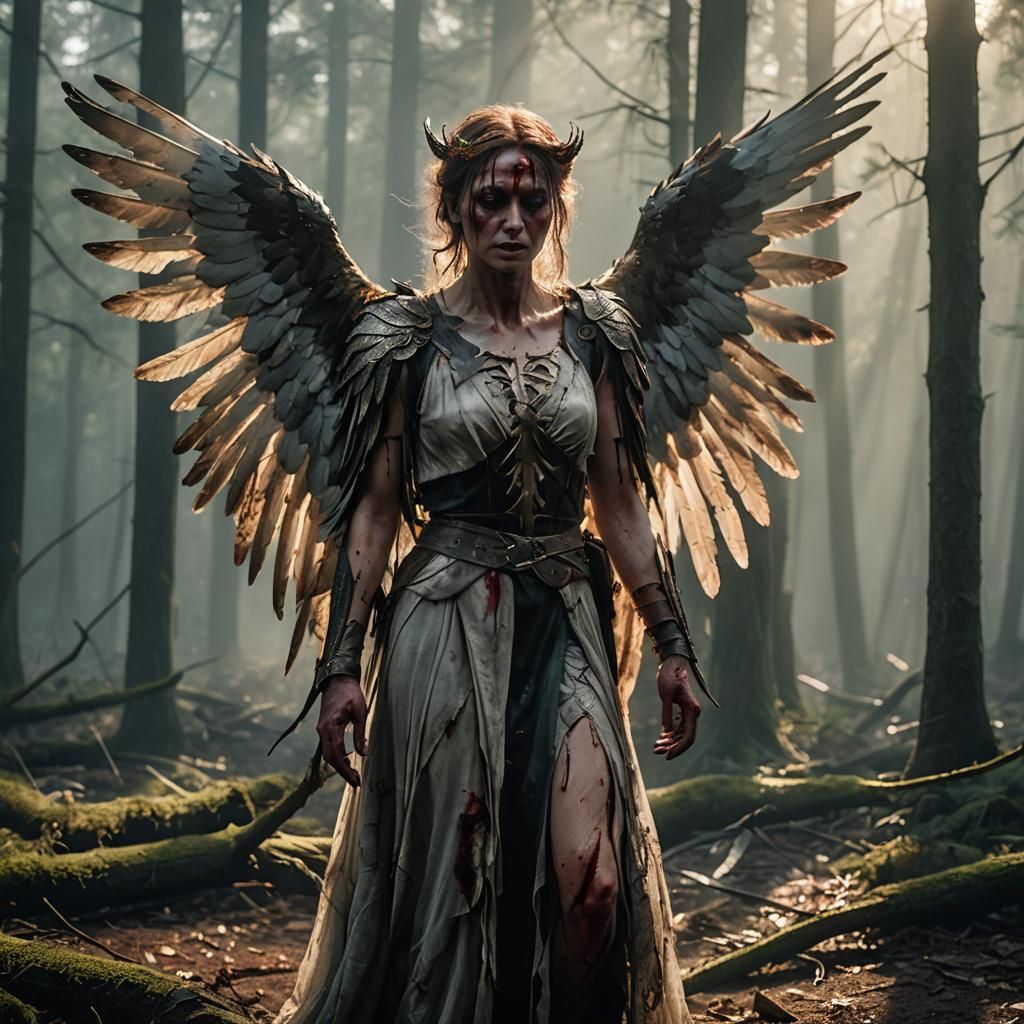 A frail and mortally wounded female angel stands alone in a foggy ...