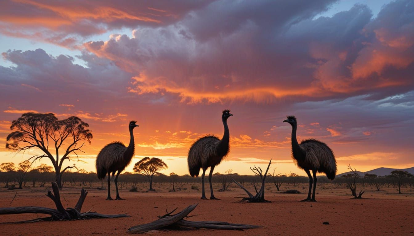 Three emus in the rising sun. - Three Emus in Sunrise Austra...