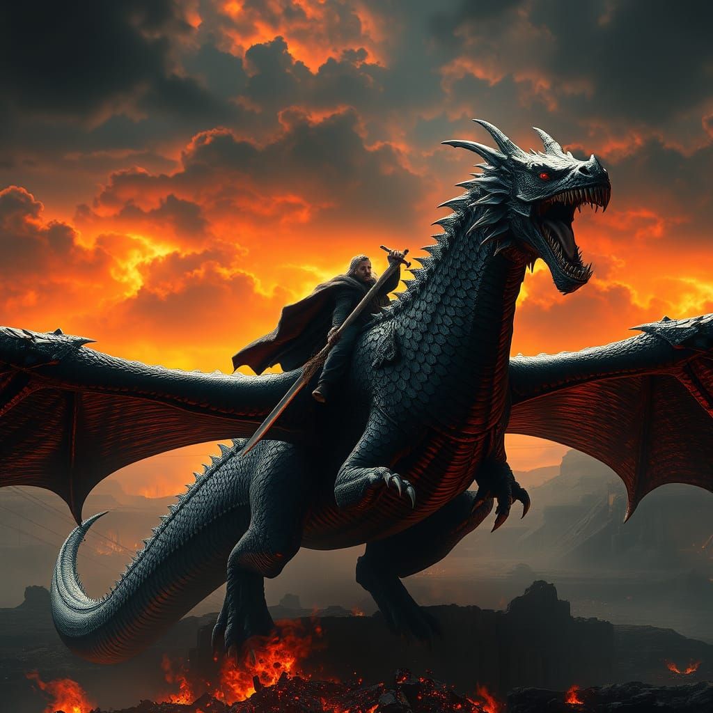 Dark Lord Sauron Rides Colossal Dragon, Sword in H... - AI Art