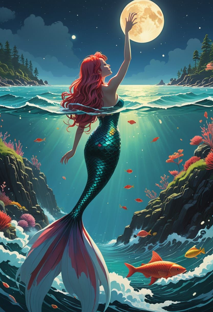 Mermaid playing with the moon - Mermaid playing with the mo...