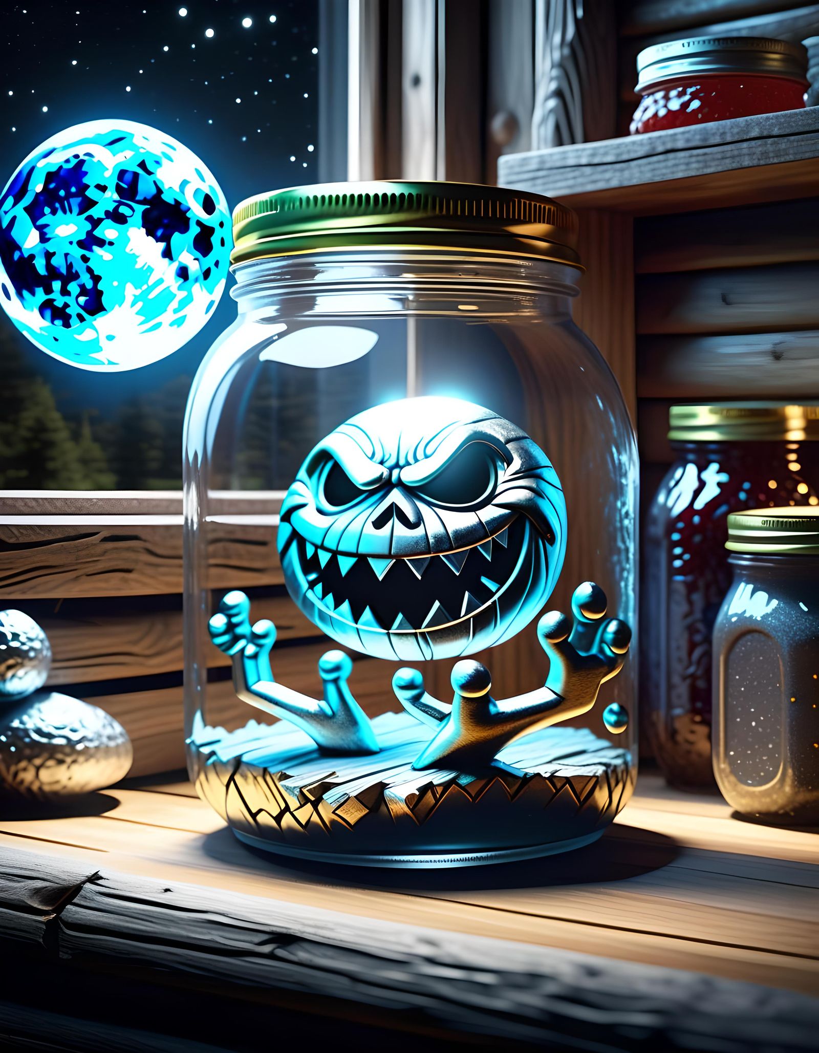 a giant evil grinning silver full moon in a glass jam jar with a brass ...