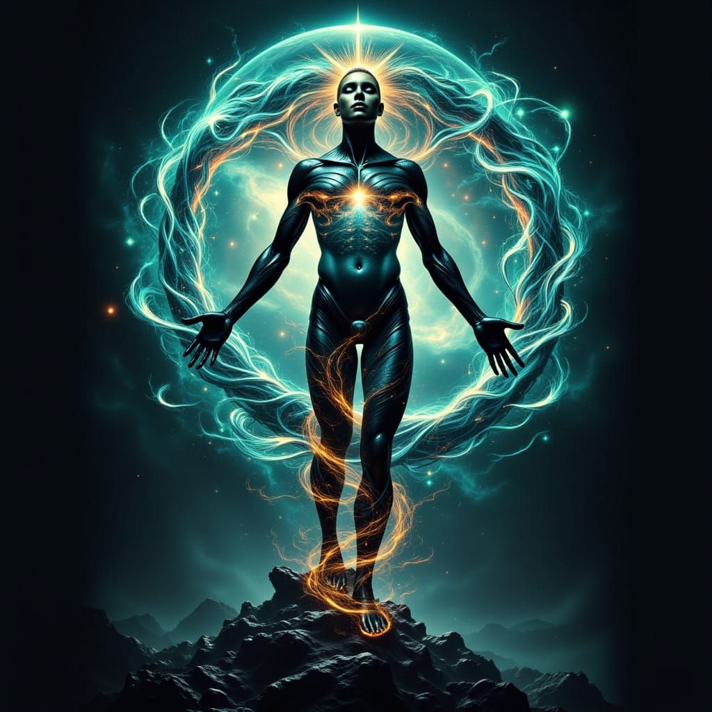 Earth, Wind, Fire, intertwined in an infinite loop helix figure, cosmic ...