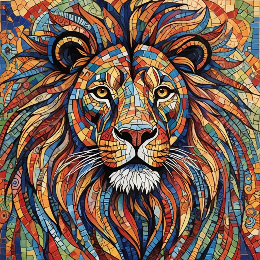 portrait lion colorful zentangle cubism mosaic Alan Moir, Laurel Burch ...