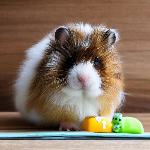buff-colored-white long-haired Syrian hamster with an attitude sitting ...