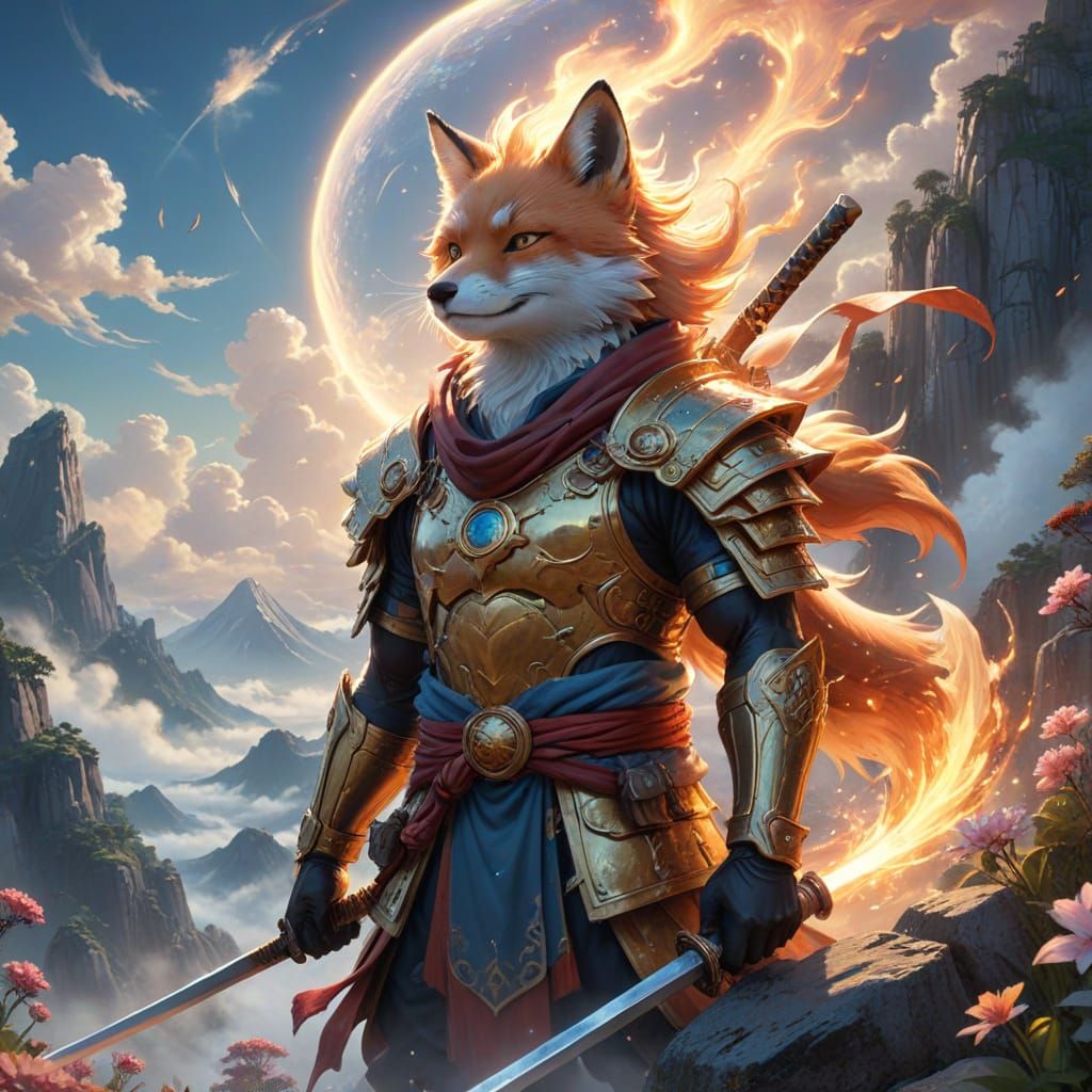 A humanized cosmic-astral African-Japanese fox-dragon hybrid samurai ...