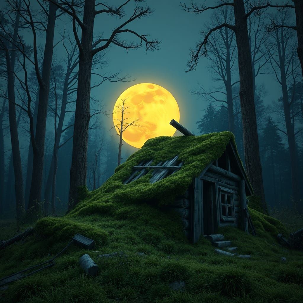 old broken hut - Moss-Covered Abandoned Hut Under a Full Yel...