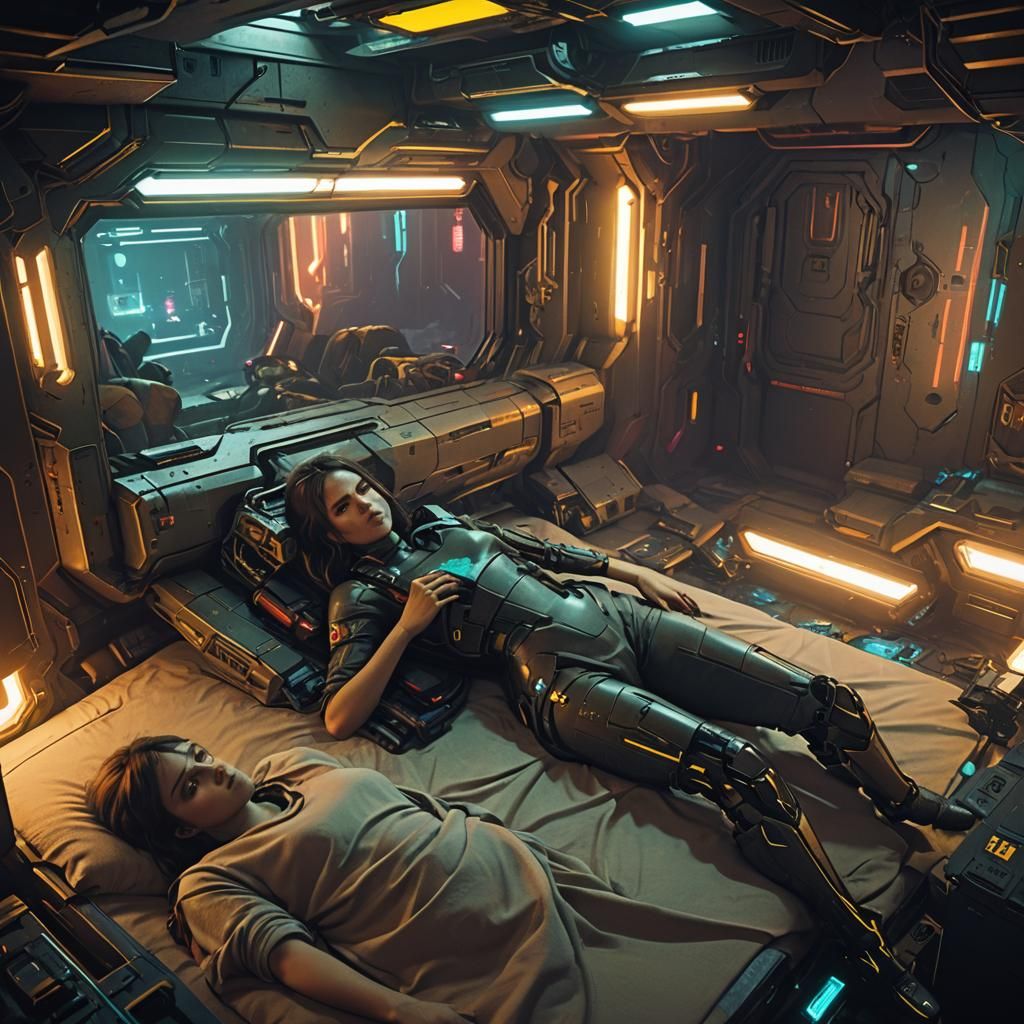 mech woman lying on the bed, inside an apartment cyberpunk 2099 blade ...