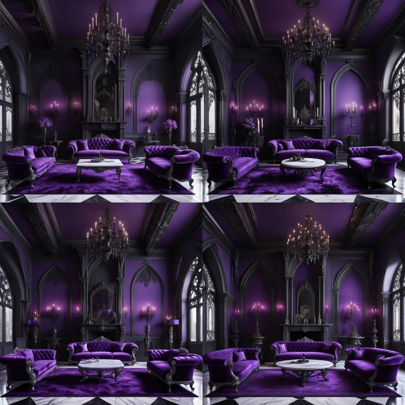 Luxurious Gothic living room with purple walls and black accents ...
