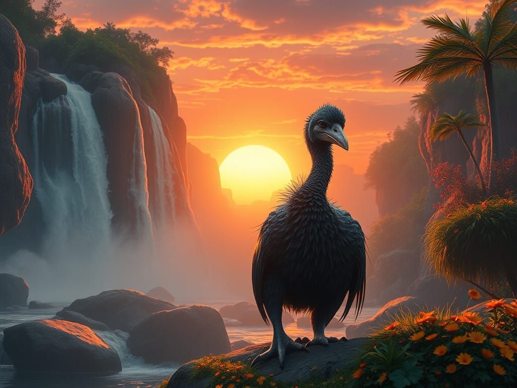 Dodo, extinct creature, in its natural environment.