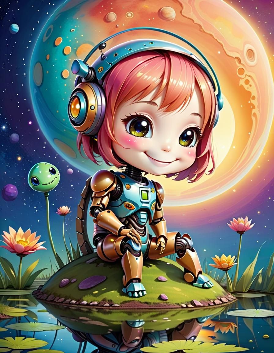 Chibi robot at alien planet pond - AI Generated Artwork - NightCafe Creator