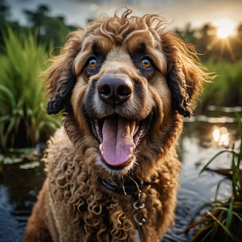 mad dog - Vivacious Poodle-Leonberger Hybrid in Swamp Portra...
