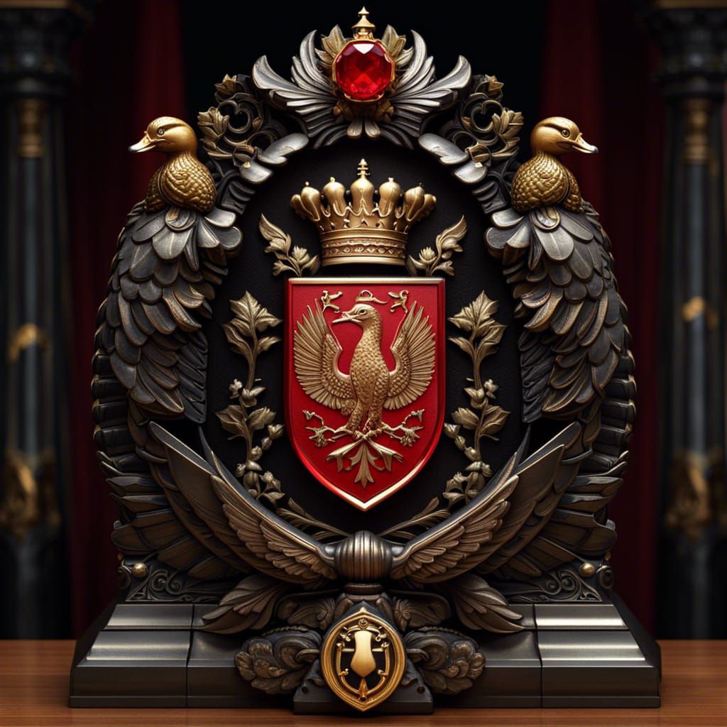 Centred view:: Insanely detailed heraldic coat of arms with duck emblem ...