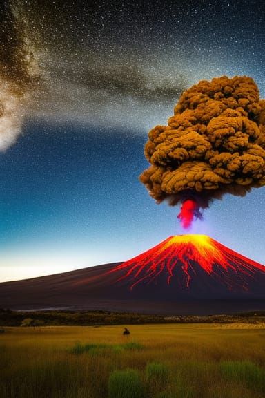 Floating flying island in the sky with bursting volcano on it eruption ...