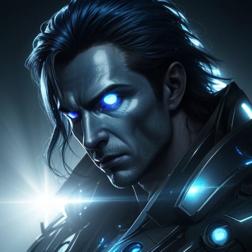 Blinded Mech Vampire in Vivid Blue Light - AI Art