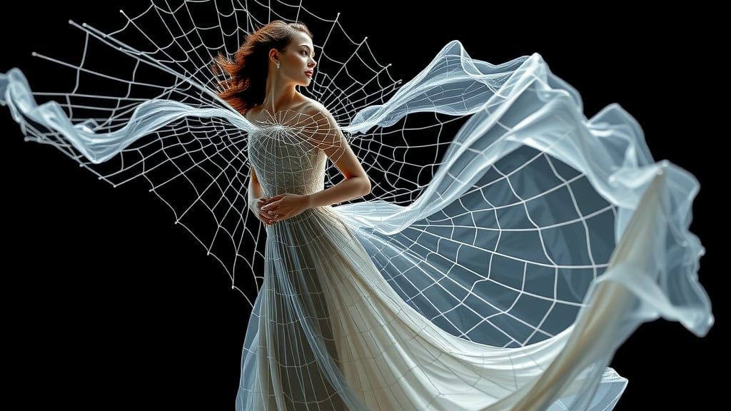 Sensual Woman Ensnared in Intricate Spider Web, Em... - AI Art