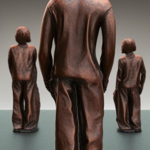the backs of three identical copper statues of a young man wearing a ...