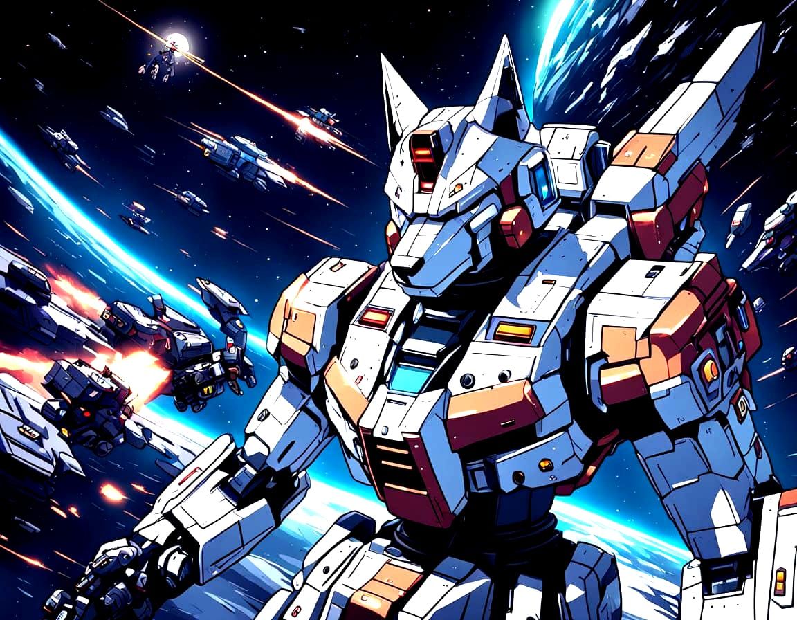 Wolf Pilot in Giant Gundam Mech Soars Through Spac... - AI Art