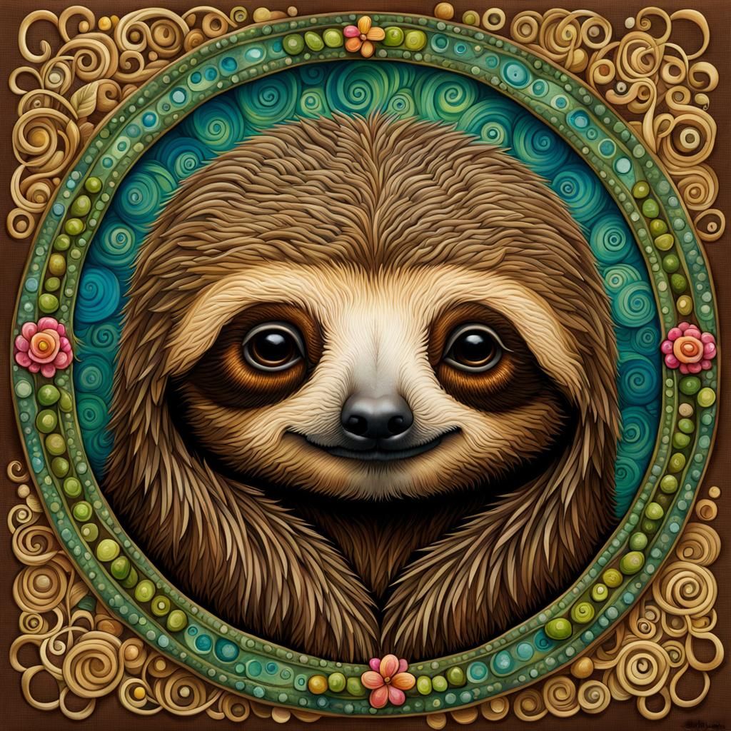 Hyperdetailed 2/3 portrait cute sloth, folk art, alcohol ink, WHIMSICAL ...