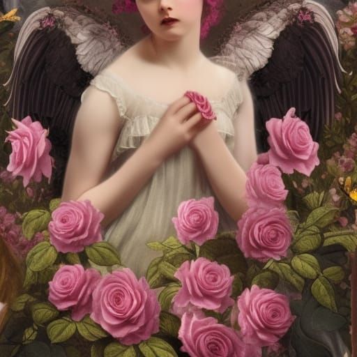 Victorian girl with black hair wearing pink roses surrounded by cherub ...