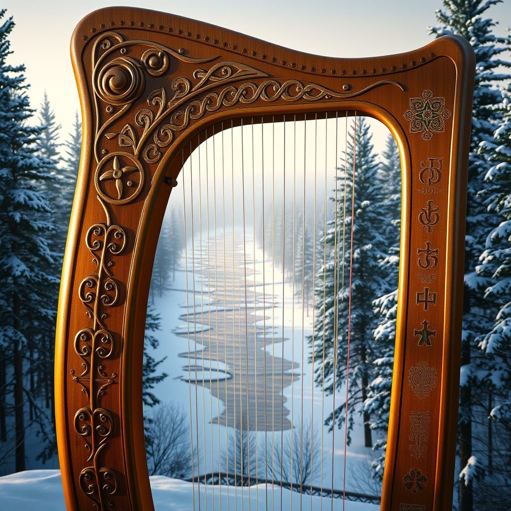 Fa eolio - Hyperrealistic Ancient Irish Harp in Winter Pine ...