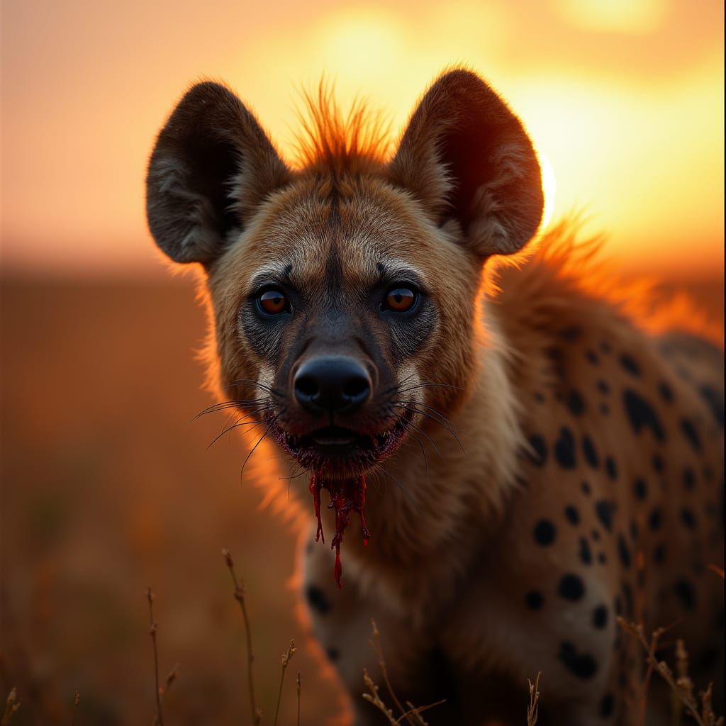 Realistic Portrait of a Bloodied Hyena in the Gold... - AI Art