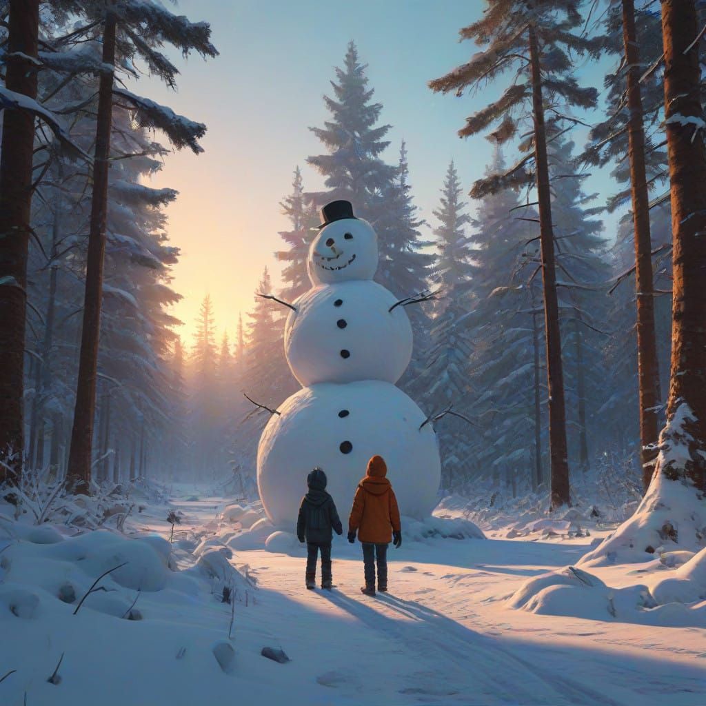 Children playing in the snow. Making a snowman