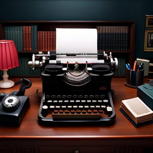 Typewriter in a retro office, books, desk, telephone, :: detailed matte ...