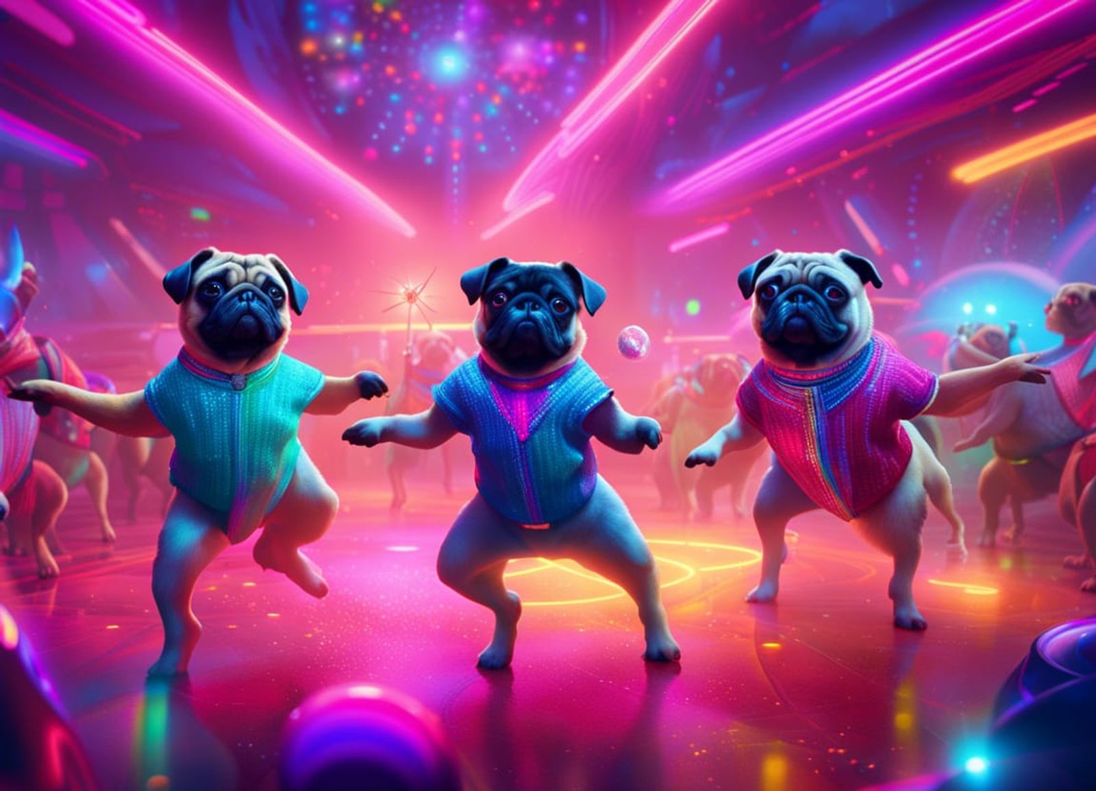 pugs dancing in a disco - AI Generated Artwork - NightCafe Creator