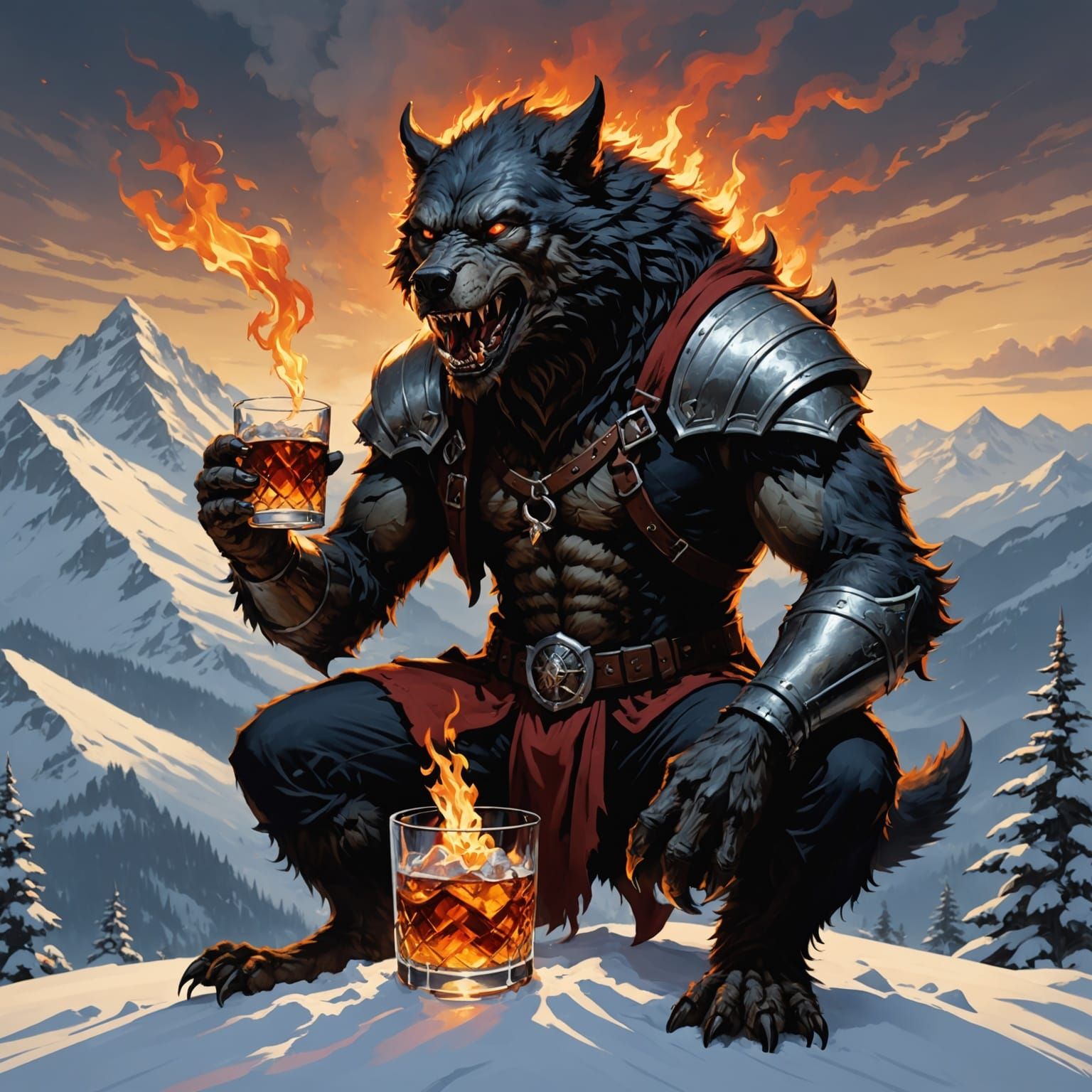Werewolf drinking glass of flaming scotch on top of a snowy mountain