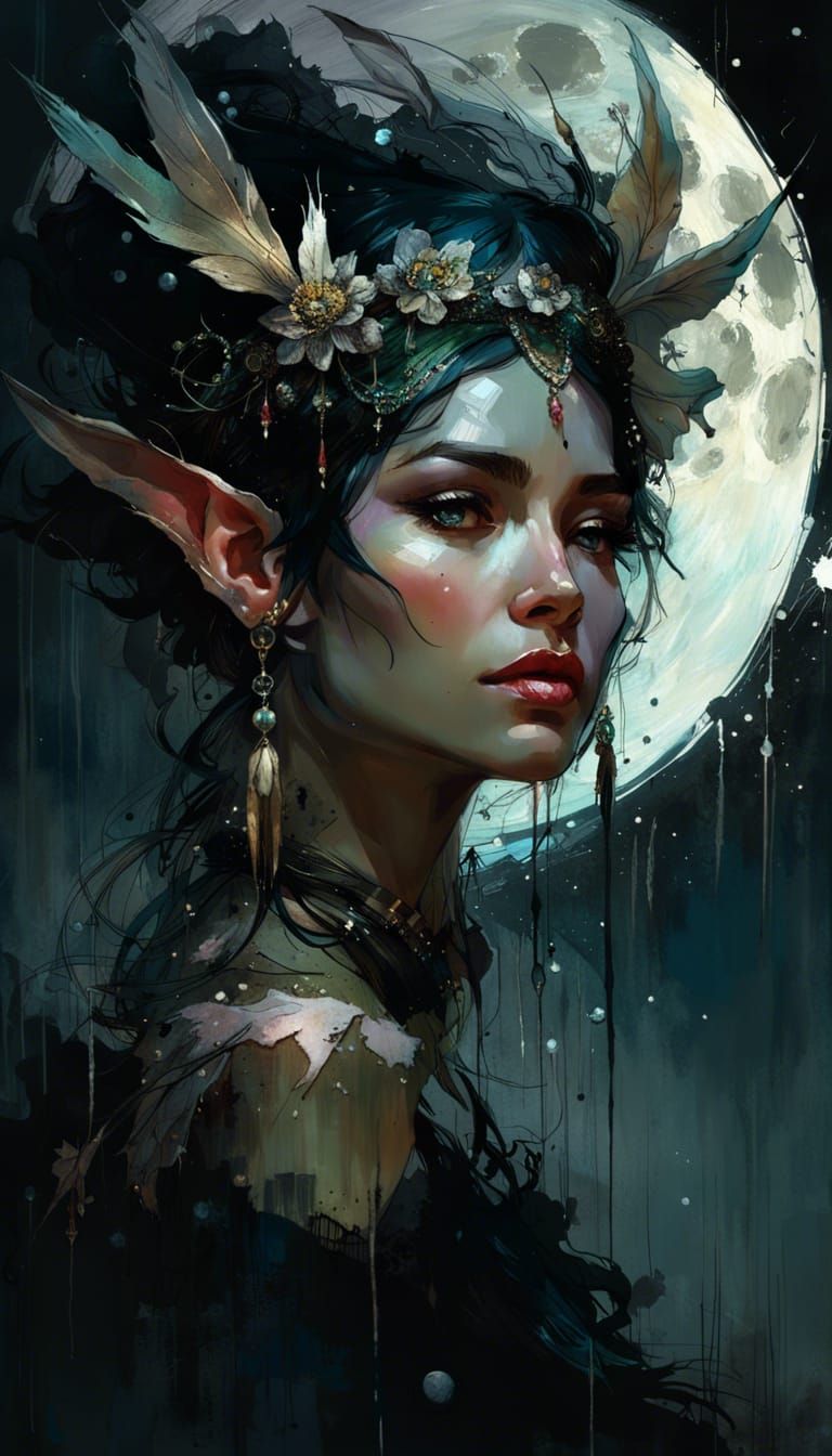 portrait of beautiful dark faerie queen with elf ears in front of full moon - AI Generated ...