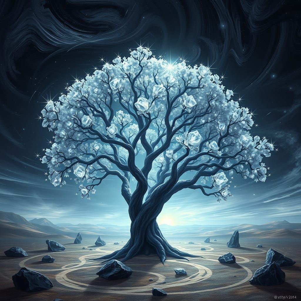 Tree of Diamond Leaves in Obsidian Desert Landscap... - AI Art