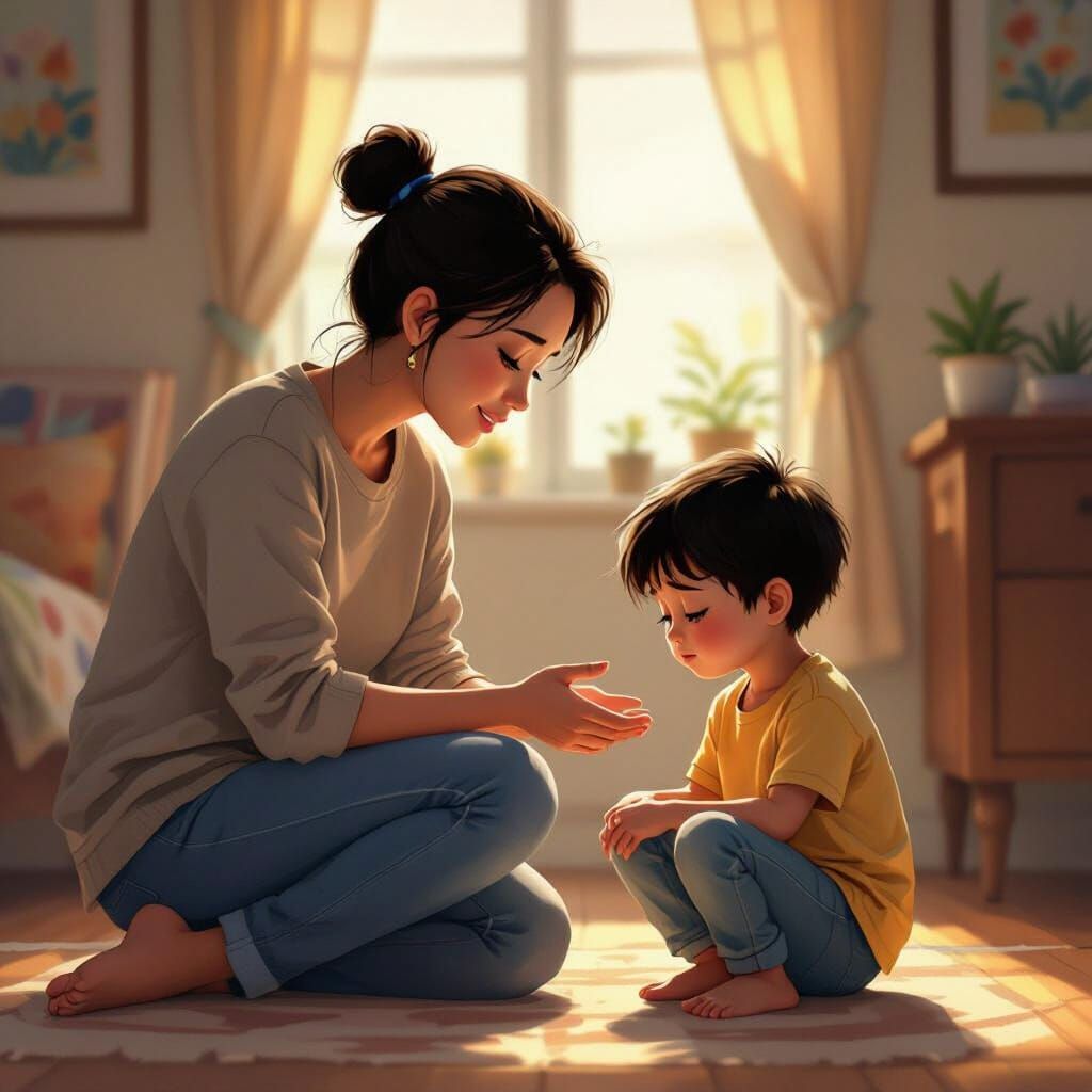Filipino Parent Comforting Child, Cartoon Style - AI Art