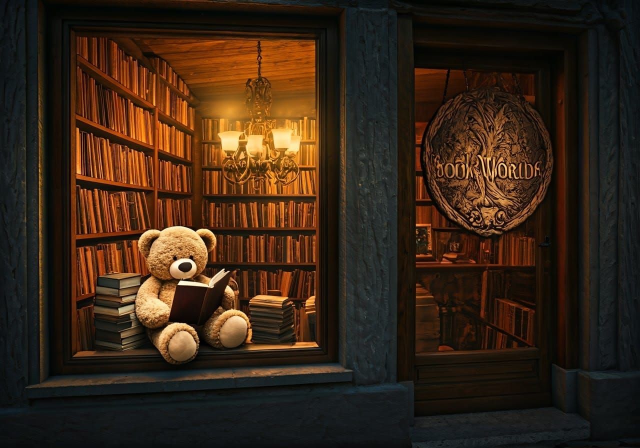 Book Worlds - Cozy Bookstore with Teddy Bear Reader