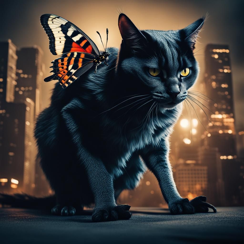 catzilla versus a moth - AI Generated Artwork - NightCafe Creator