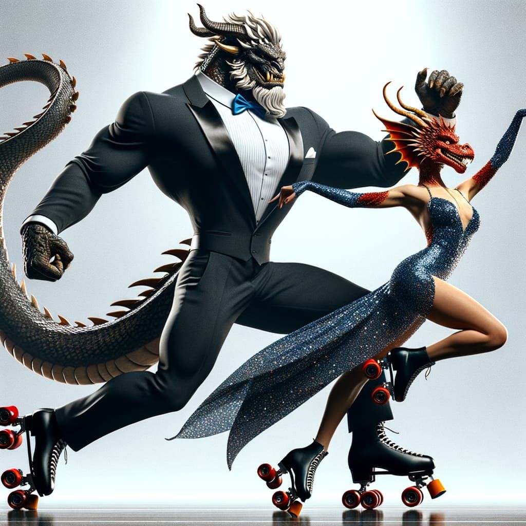 Goliath Dragon Men Swing Dance in Tuxedos on Rolle... - AI Art