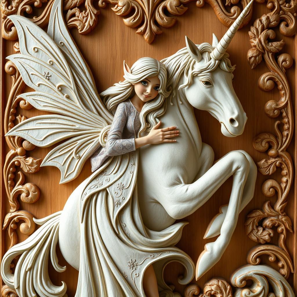 Elven fairy and their unicorn intricate wooden carving